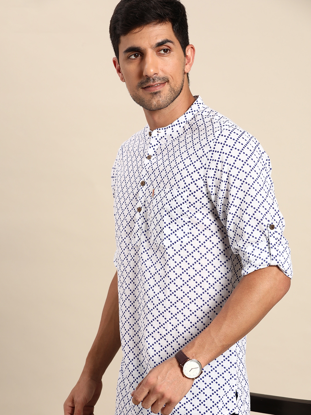 Buy Anouk Men White And Navy Blue Pure Cotton Geometric Print Short Kurta
