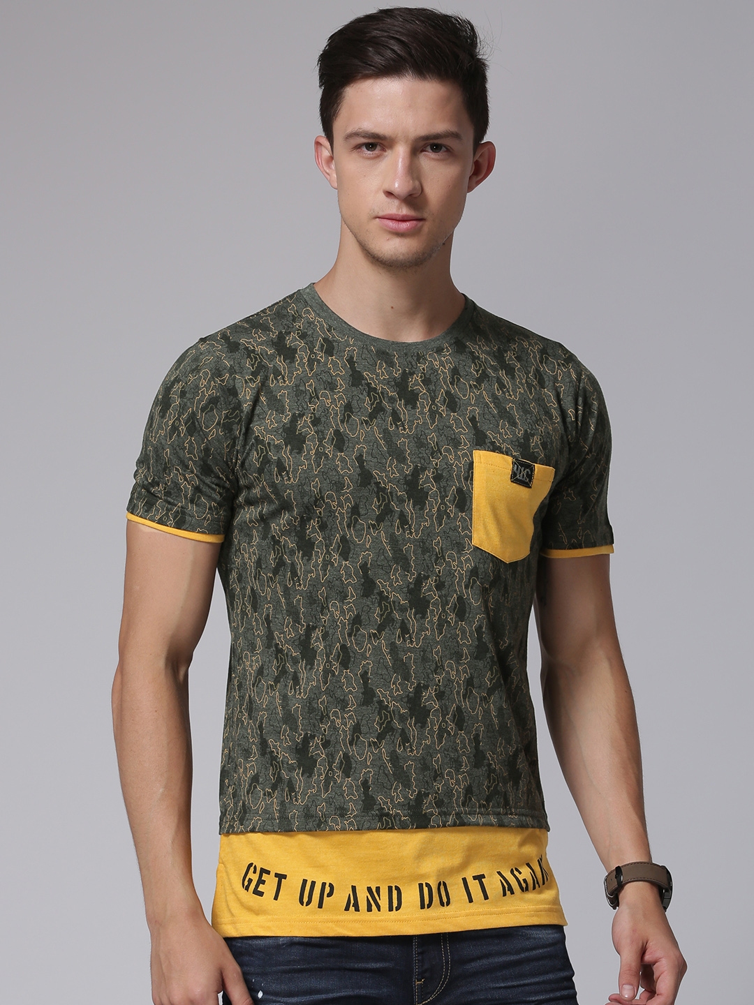 Buy Ywc By Yuvraj Singh Men Charcoal Grey And Yellow Printed Round Neck T