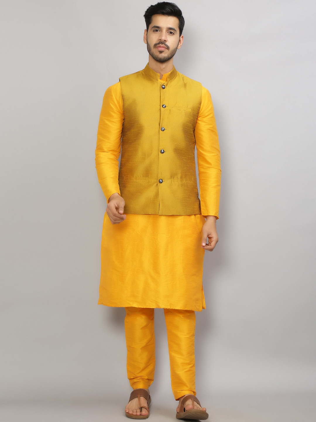Buy Gracit Men Yellow Dupion Silk Kurta With Pyjamas And Jacket Kurta