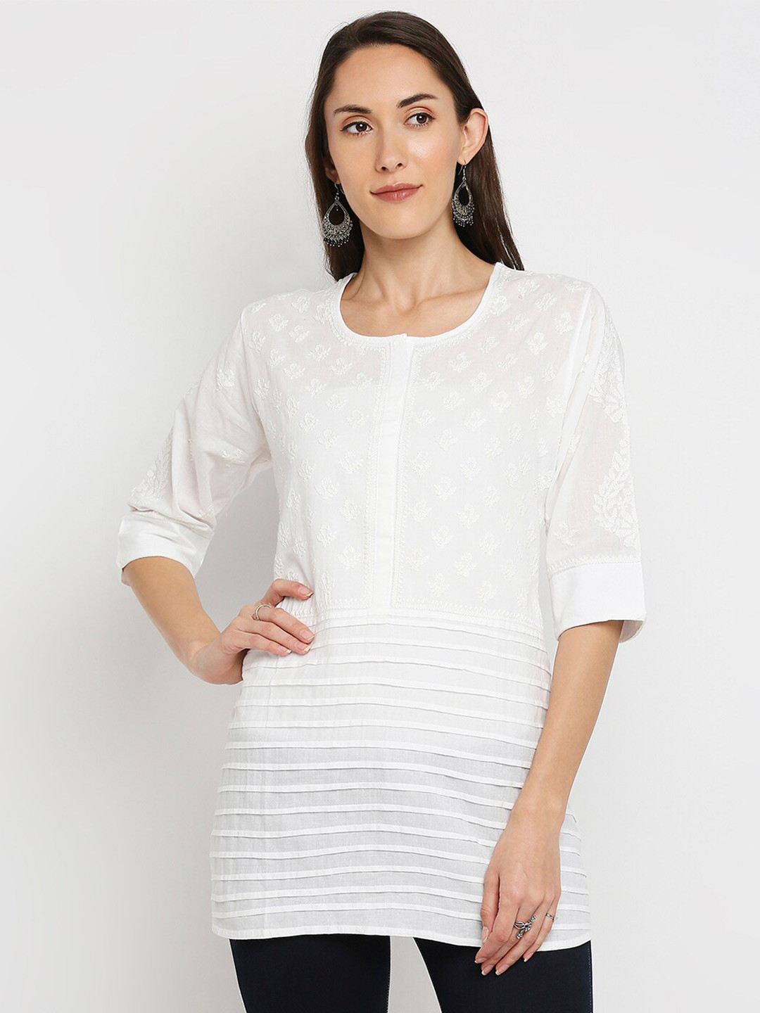 Buy Indiankala4u White Embroidered Pure Cotton Longline Top - Tops for ...