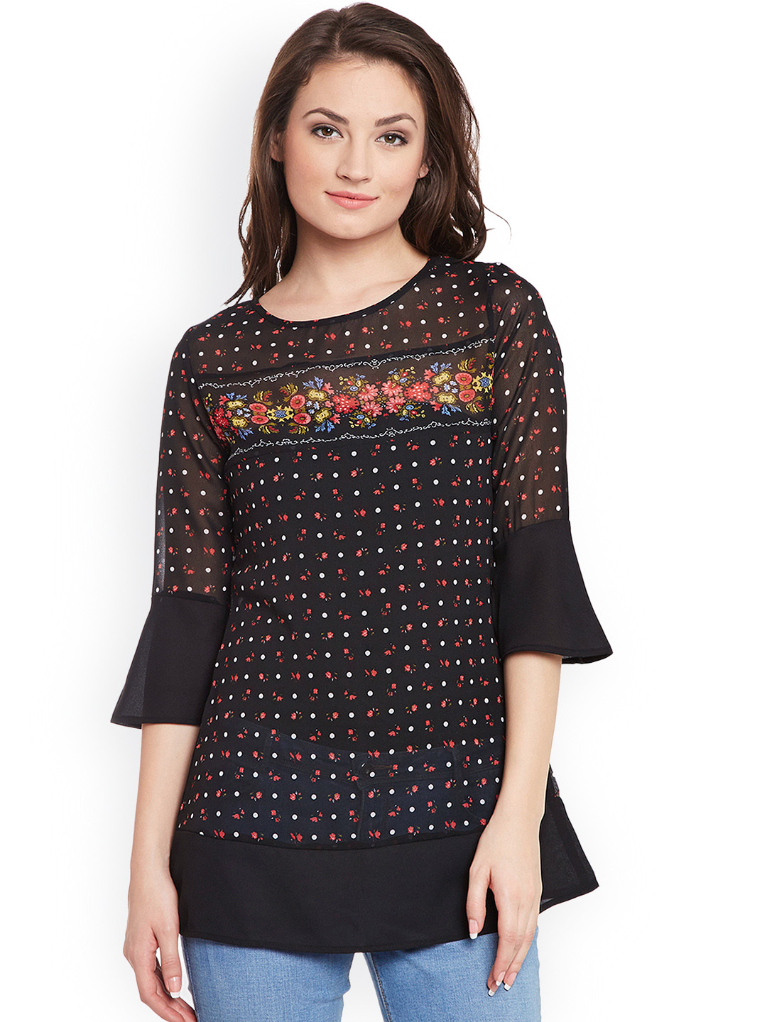 Buy Ruhaans Black Printed Semi Sheer Top - Tops for Women 1774460 | Myntra