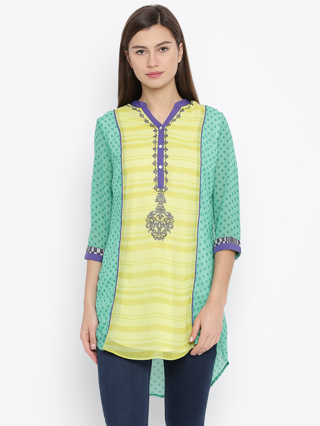 Buy Fusion Beats Green & Yellow Printed Sheer Tunic - Tunics for Women ...