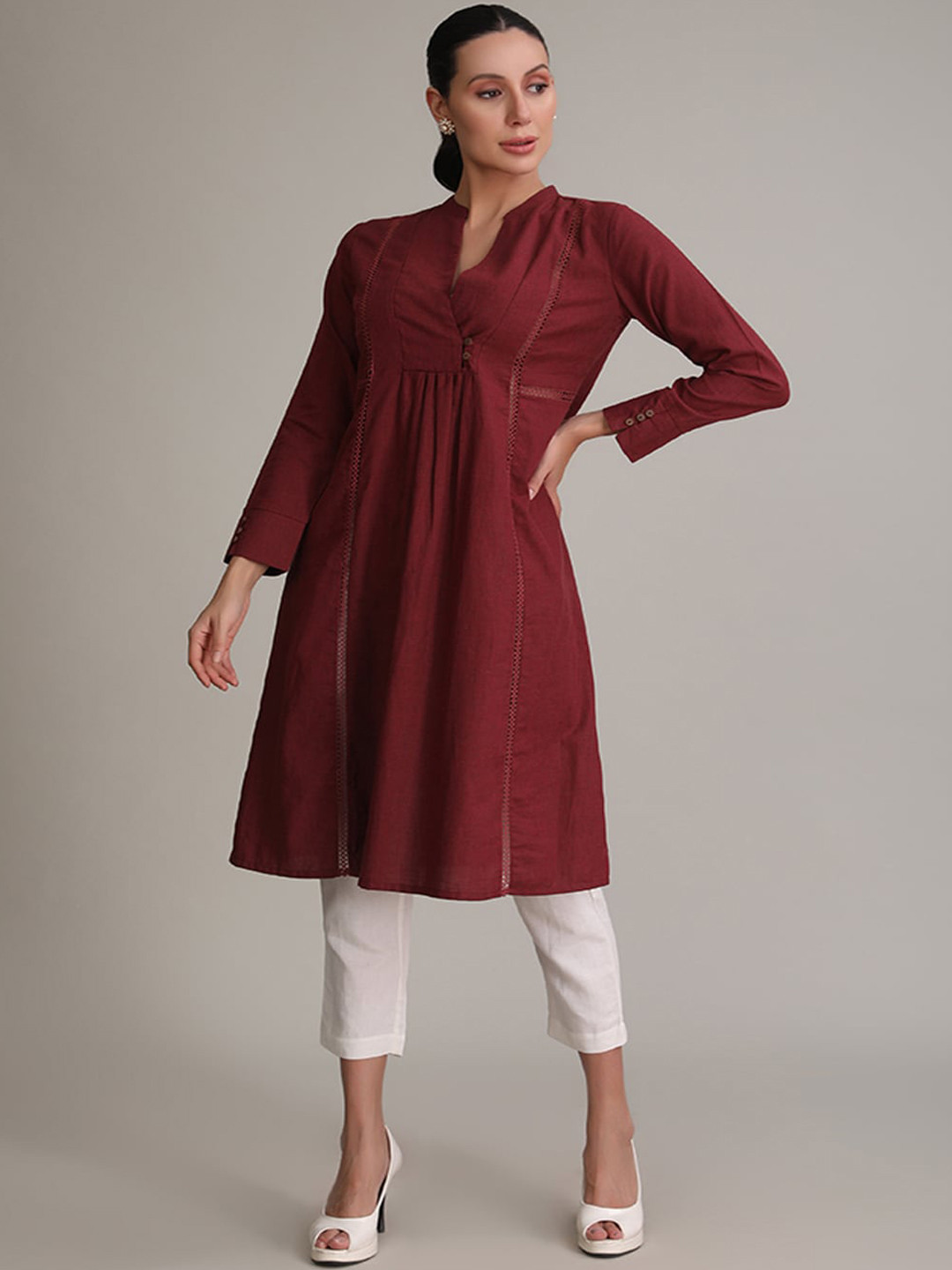 Buy BARARA ETHNIC Women Maroon Pleated Pure Cotton Kurti With Palazzos ...