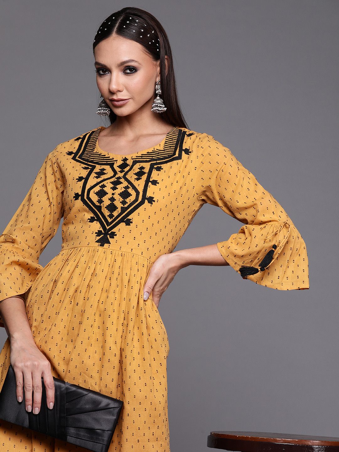 Buy Indo Era Mustard Yellow Ethnic Motifs Embroidered Ethnic A Line ...
