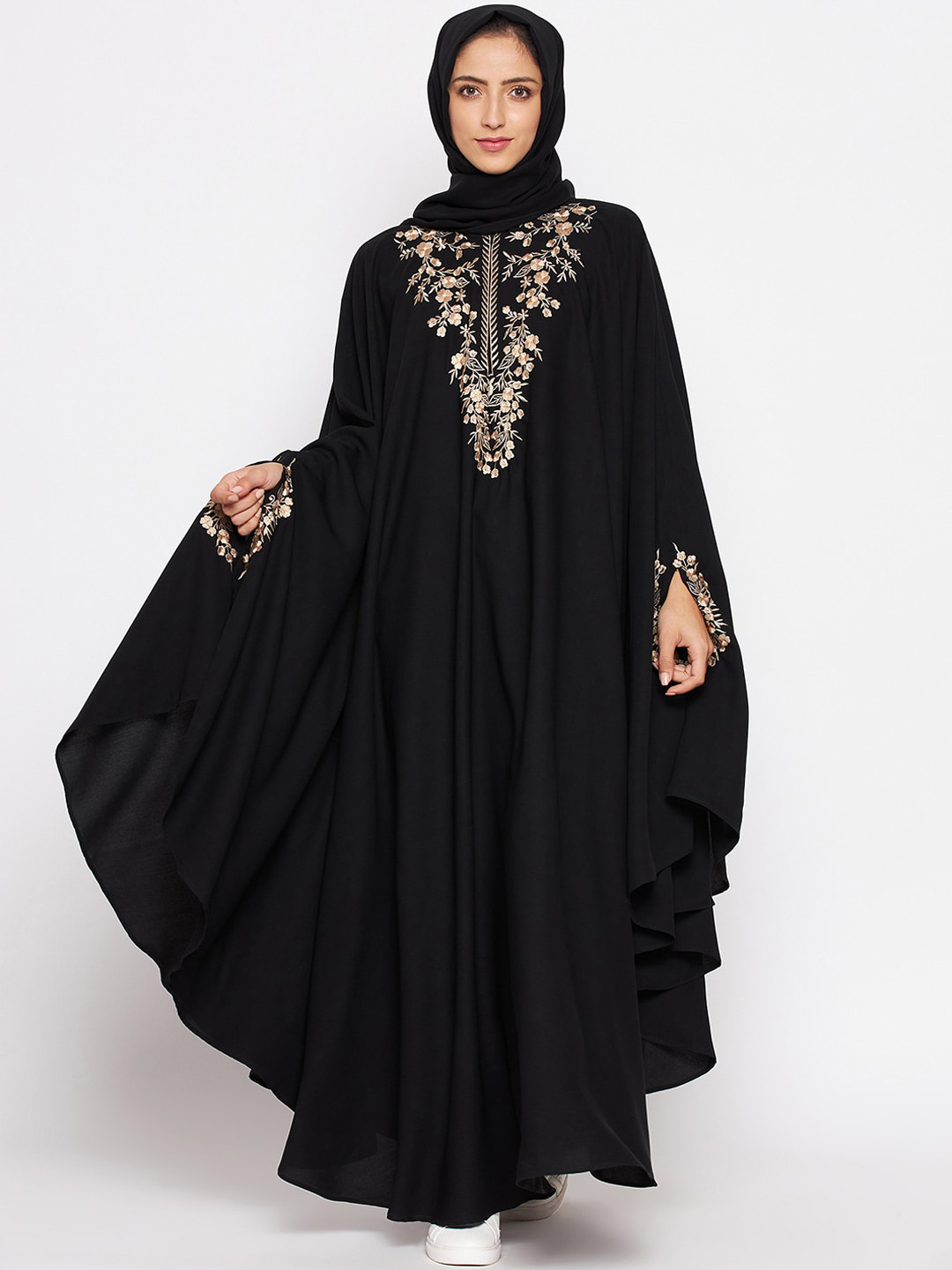Buy NABIA Women Black Embroidered Kaftan Abaya Burqa With Scarf ...