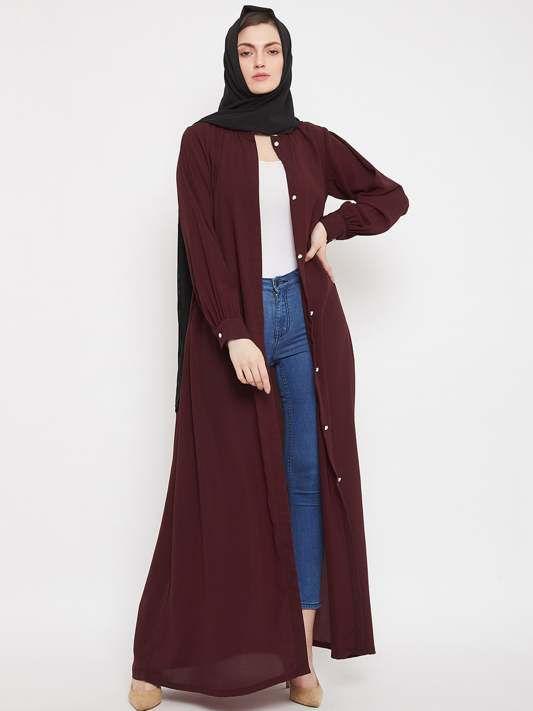Buy NABIA Women Maroon & Black Solid Abaya Burqa With Scarf - Burqas ...
