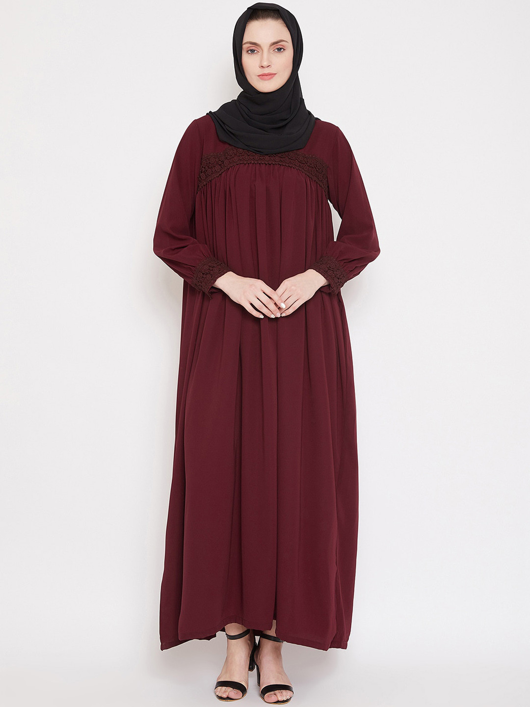 Buy NABIA Women Maroon Solid Laced Abaya Burqa With Scarf - Burqas for ...
