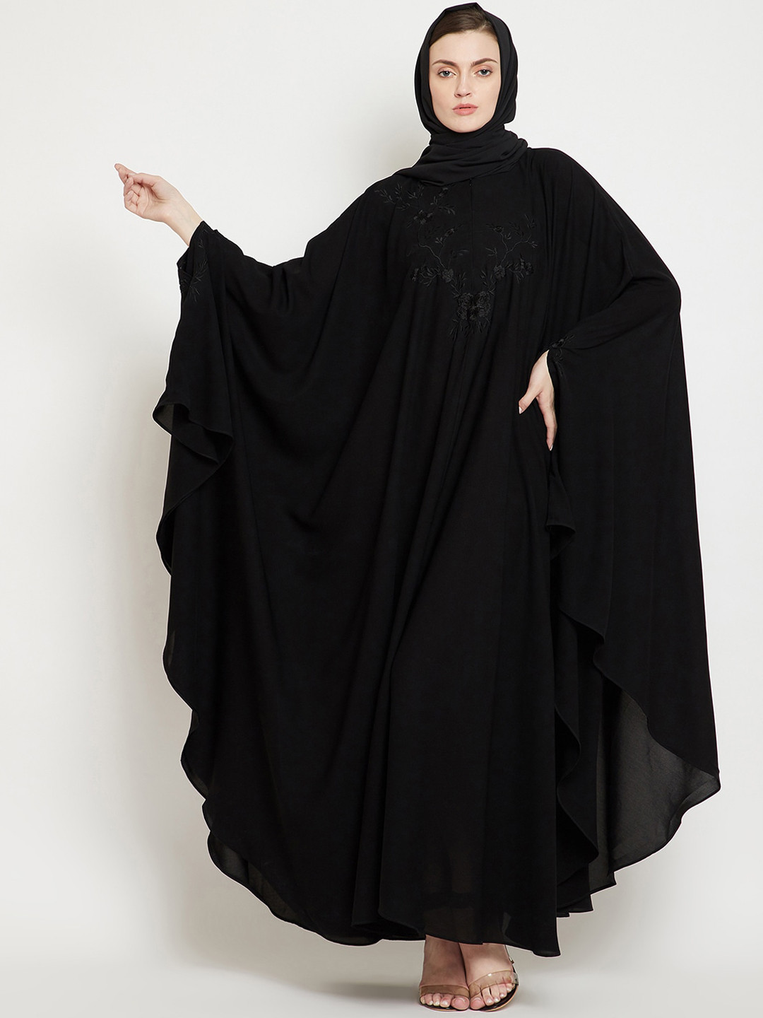 Buy NABIA Black Irani Kaftan Embroidered Abaya Burqa With Georgette ...