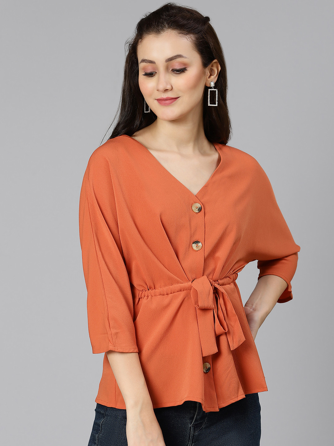 Buy Oxolloxo Women Rust Cinched Waist Satin Top - Tops for Women ...
