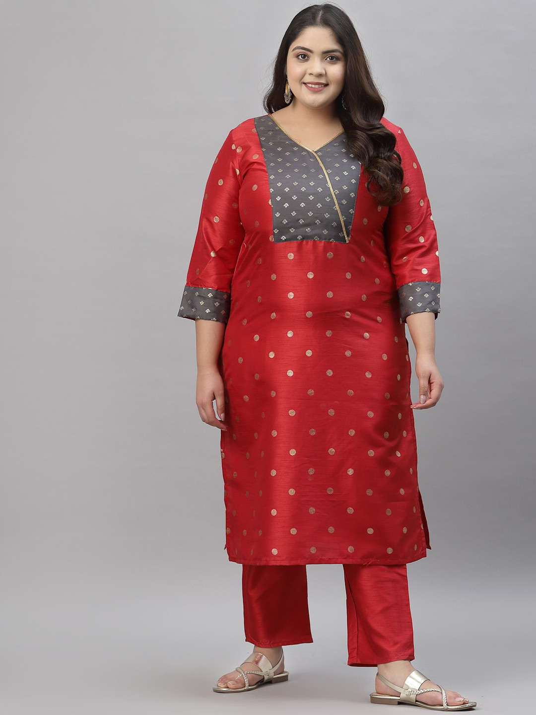 Buy CurveZI By Ziyaa Women Red & Grey Ethnic Motifs Kurta With Trousers ...