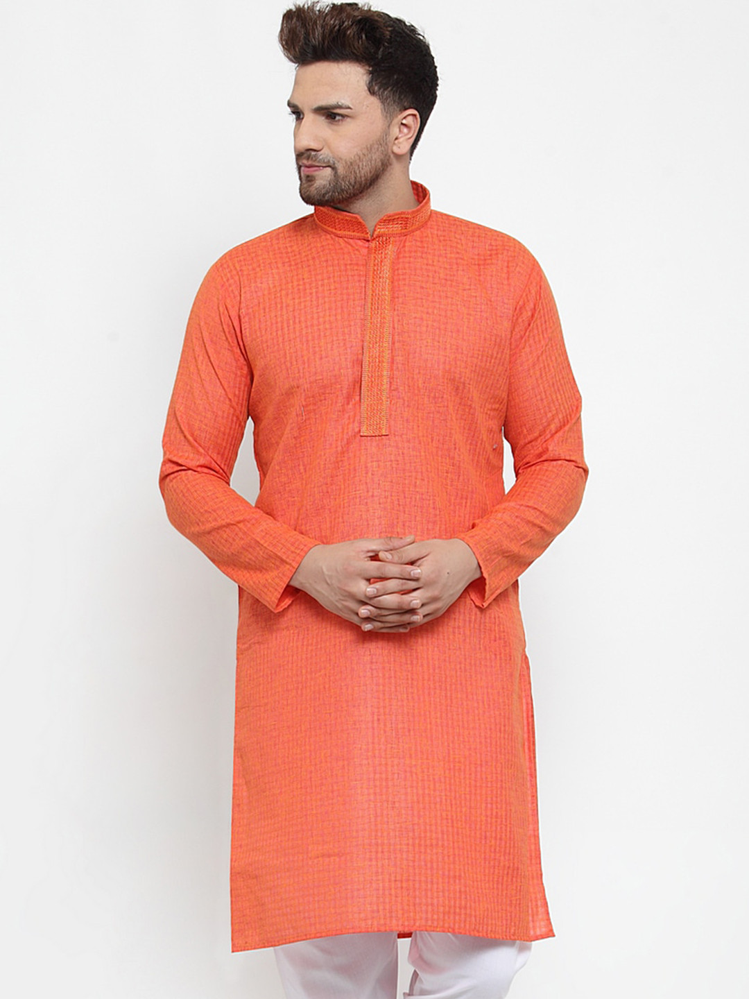 Buy Jompers Men Orange Woven Design Cotton Kurta - Kurtas for Men ...