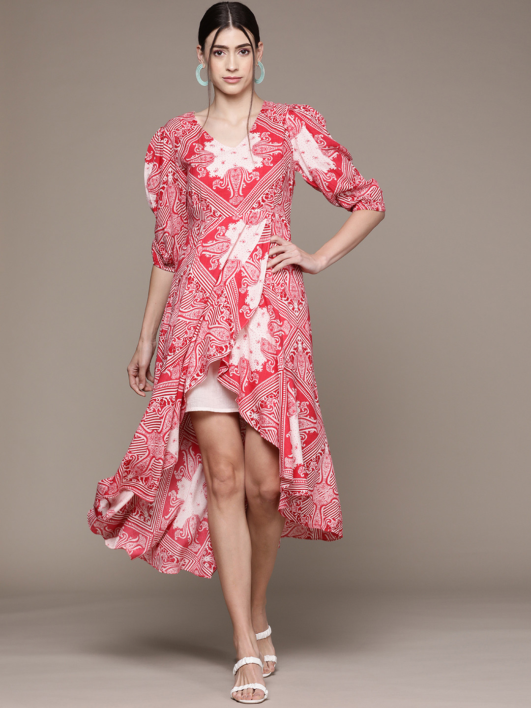 Buy Label Ritu Kumar Women Red & White Ethnic Motifs A Line Midi Dress ...