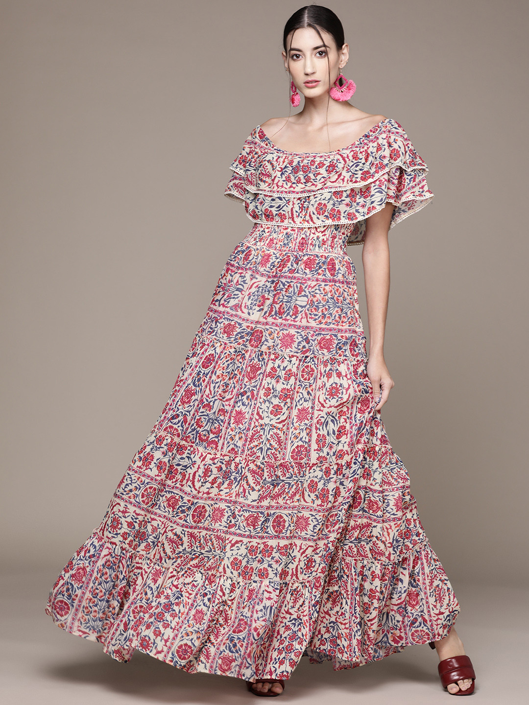 Buy Label Ritu Kumar Women Off White & Red Floral Off Shoulder ...