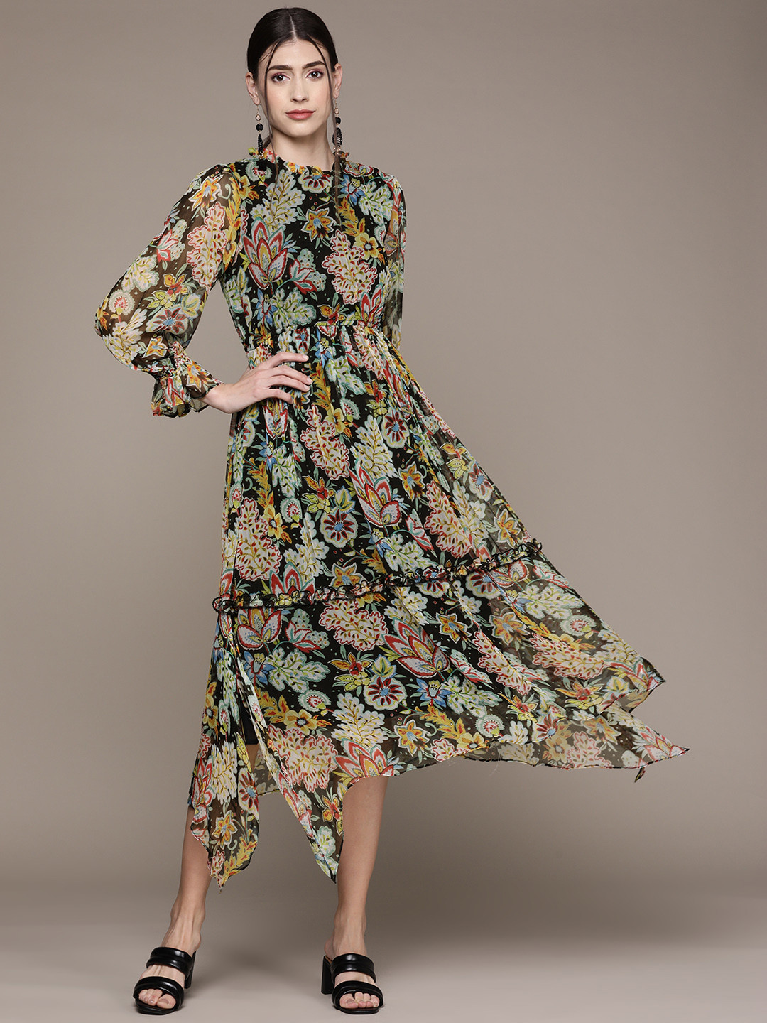 Buy Label Ritu Kumar Women Black & Green Floral Chiffon A Line Midi ...