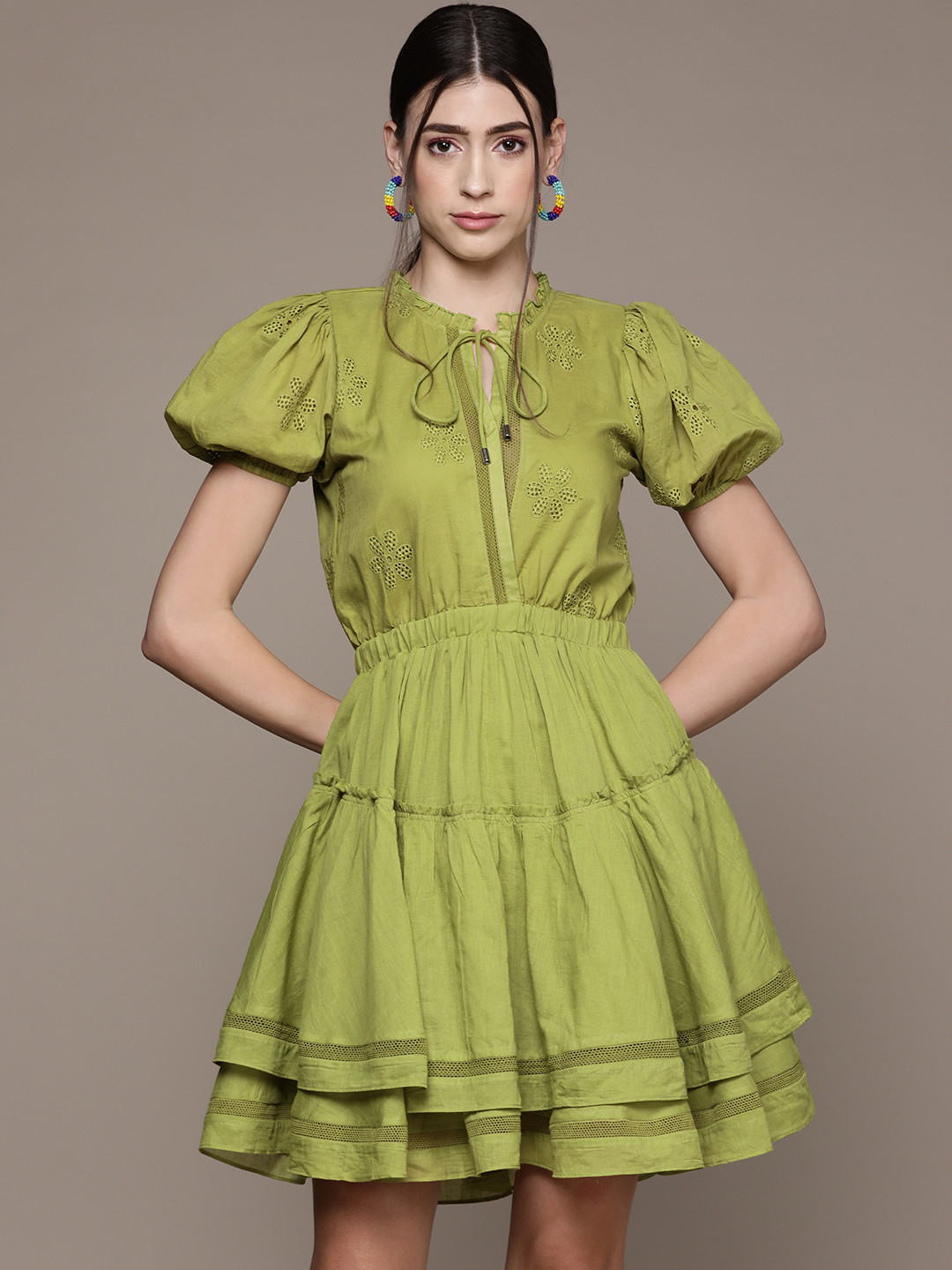 Buy Label Ritu Kumar Women Green Solid Pure Cotton A Line Dress ...