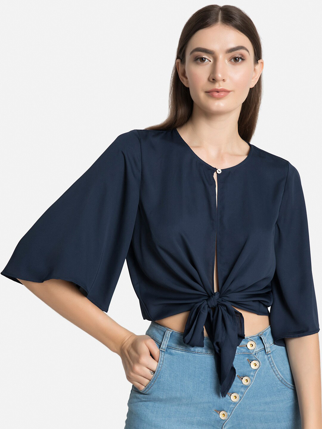 Buy Kazo Navy Blue Front Knot Crop Top - Tops for Women 17770358 | Myntra