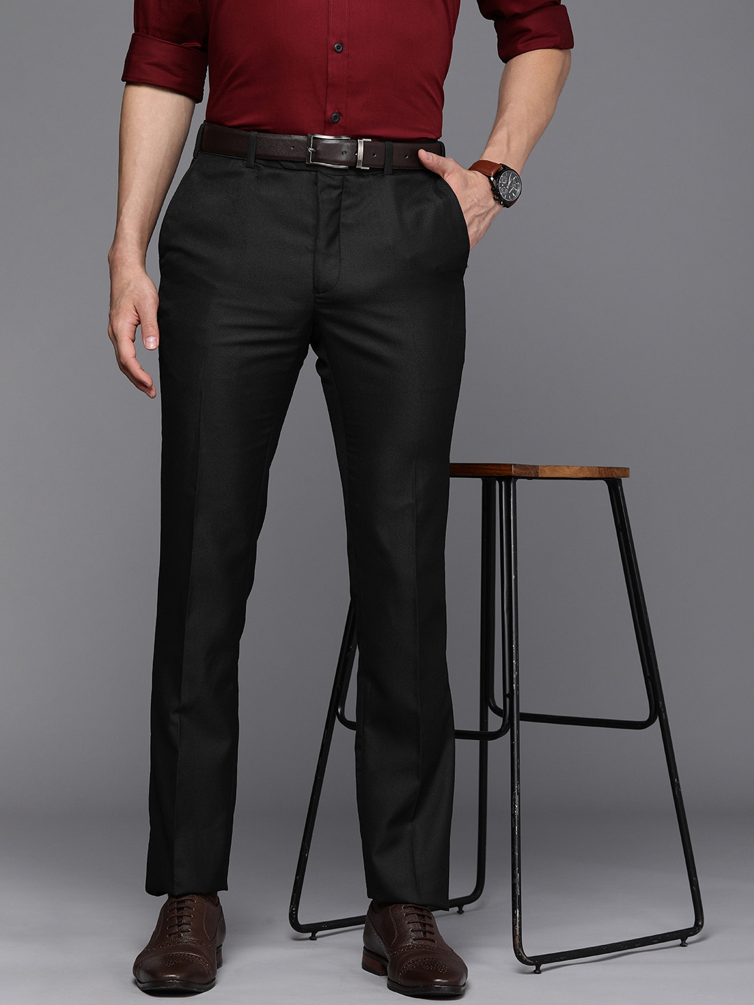 Buy Raymond Men Black Self Design Textured Slim Fit Formal Trousers ...