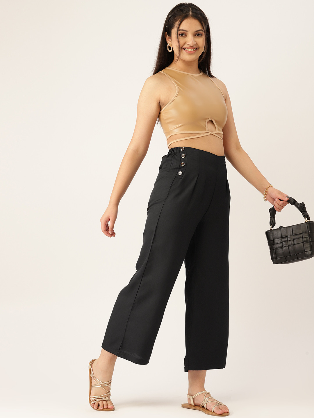 Buy DressBerry Teen Girls Black Solid Pleated Trousers - Trousers for ...