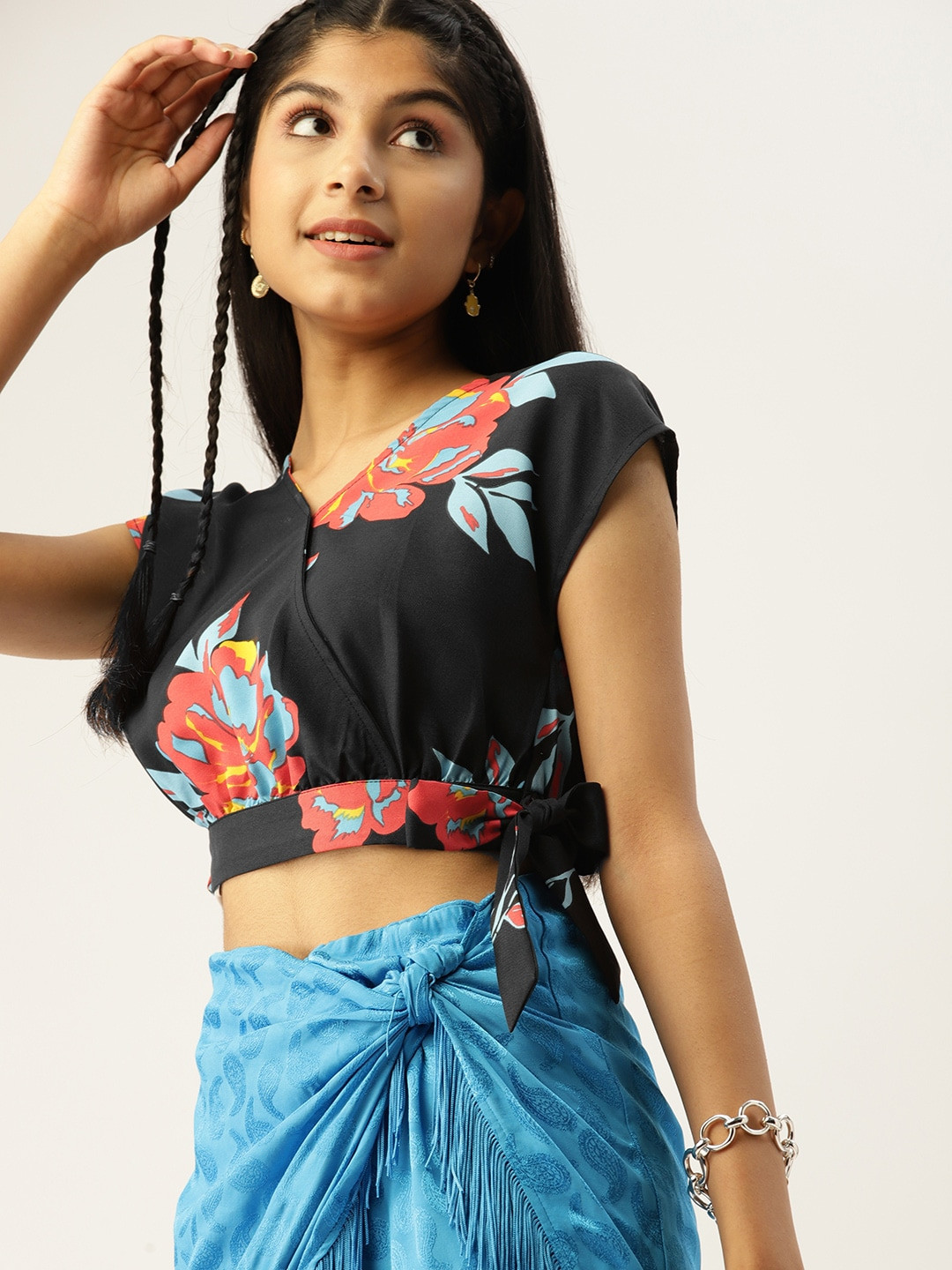 Buy DressBerry Teen Girls Red & Yellow Floral Print Wrap Fitted Top ...