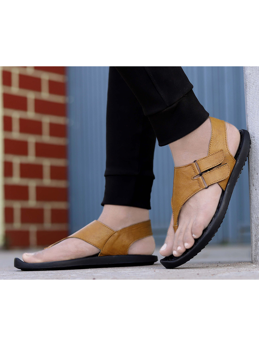 Buy FOUR STAR TRUCK SALES Men Beige Textured T Strap Flats - Flats for ...