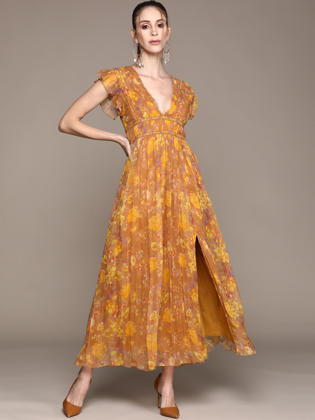 Buy Ritu Kumar Yellow Floral Chiffon Maxi Dress With Camisole - Ethnic ...