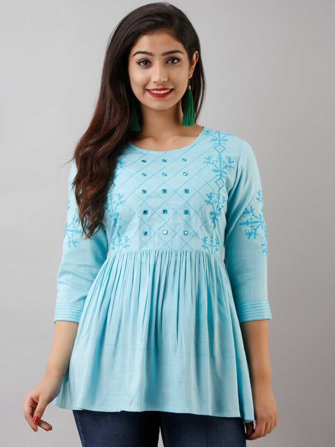 Buy NITVAN Women Turquoise Blue Geometric Embroidered Peplum Top - Tops ...