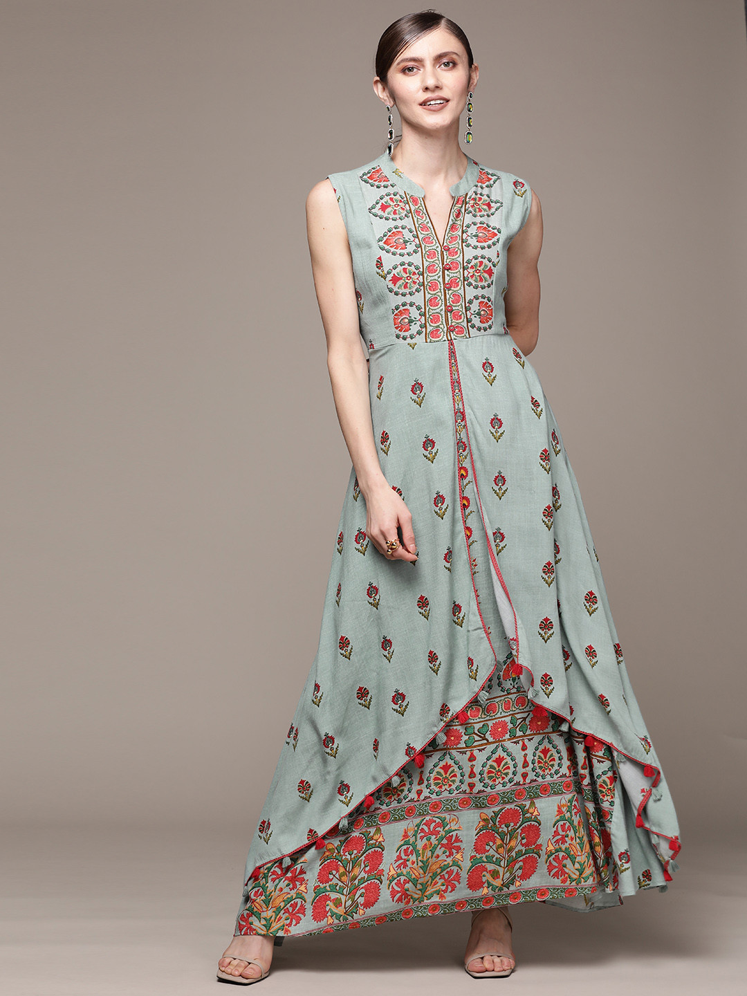 Buy Aarke Ritu Kumar Green & Red Ethnic Motifs Layered Maxi Dress ...