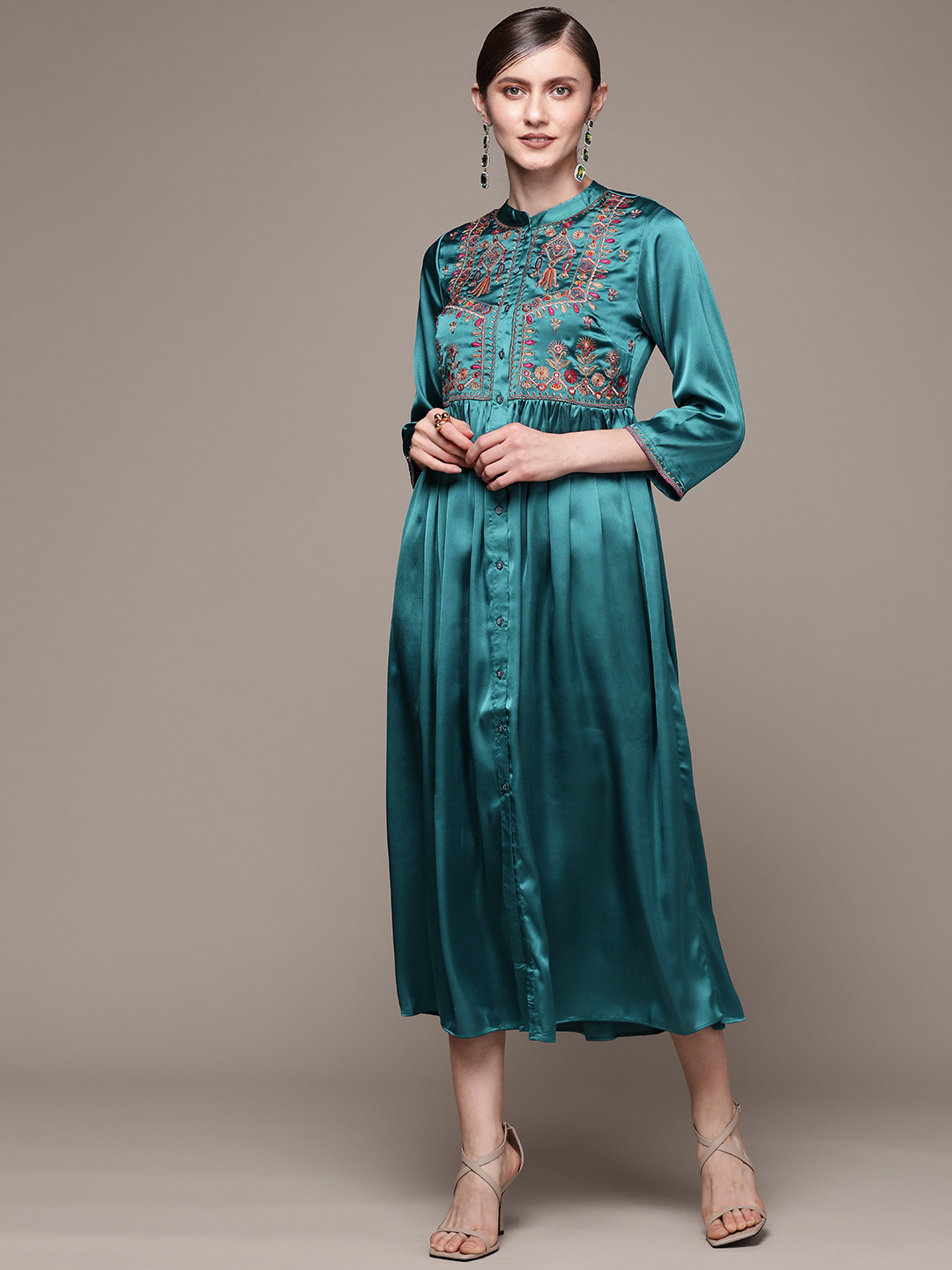 Buy Aarke Ritu Kumar Blue Floral Embroidered Satin Midi Dress - Dresses ...