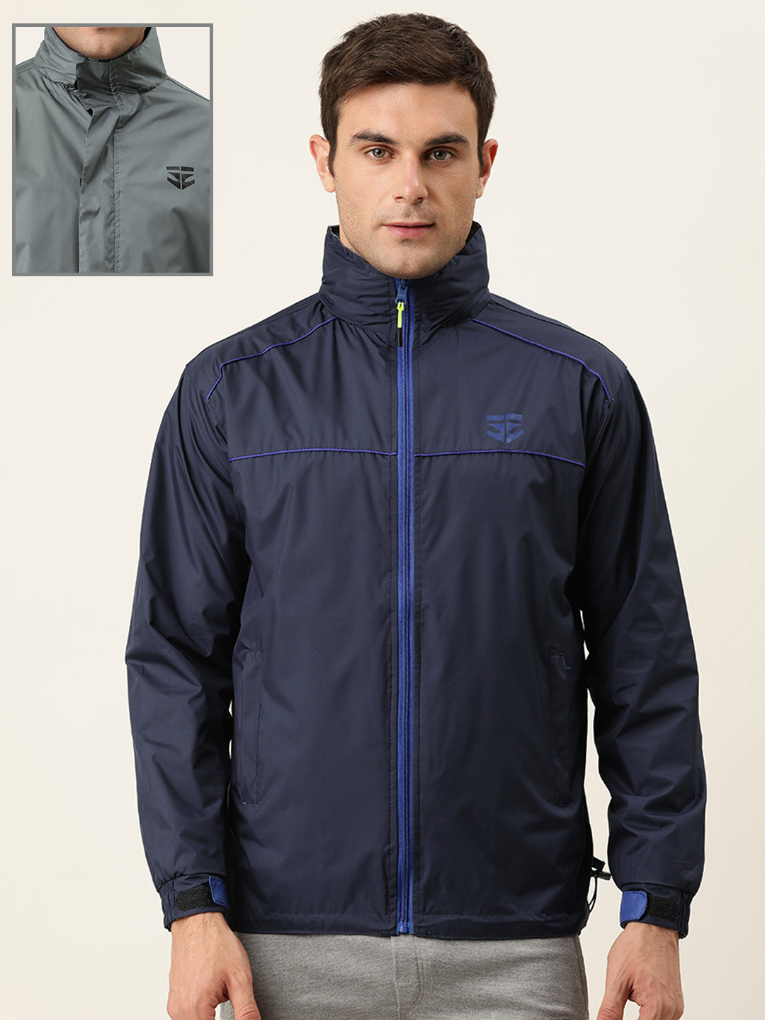 Buy Sports52 Wear Men Navy Blue And Grey Solid Reversible Rain Jacket ...