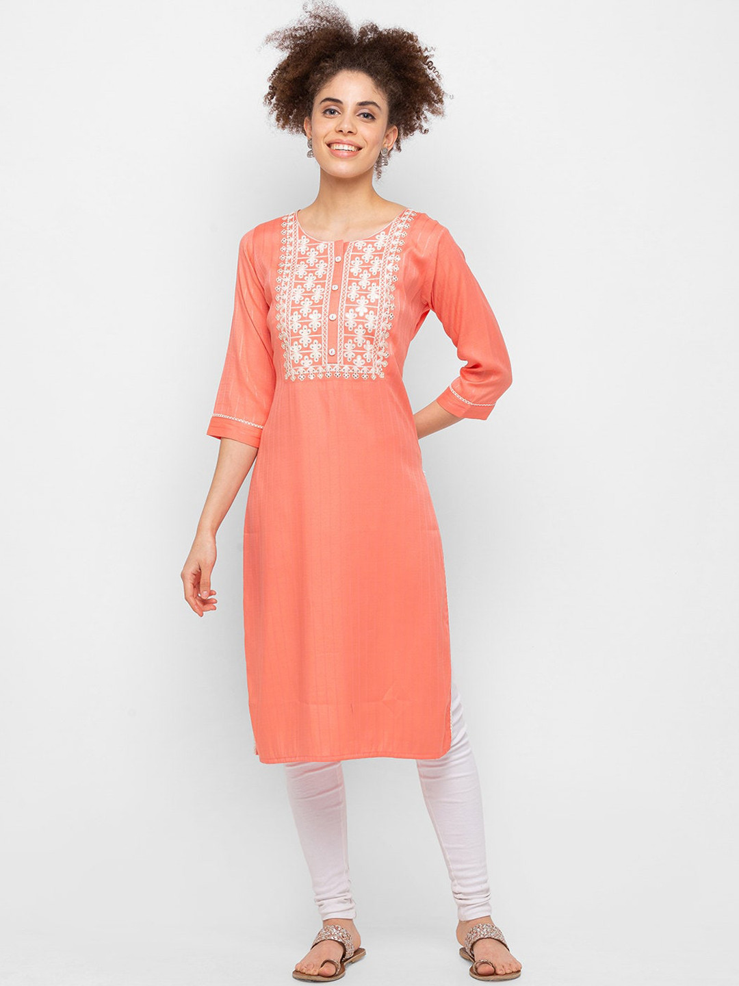 Buy ZOLA Women Peach Coloured Floral Yoke Design Kurta - Kurtas for ...