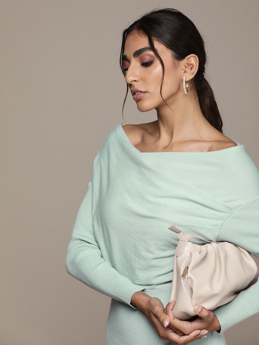 Buy Bebe Blue Self Design Striped Off Shoulder Extended Sleeves Knitted ...