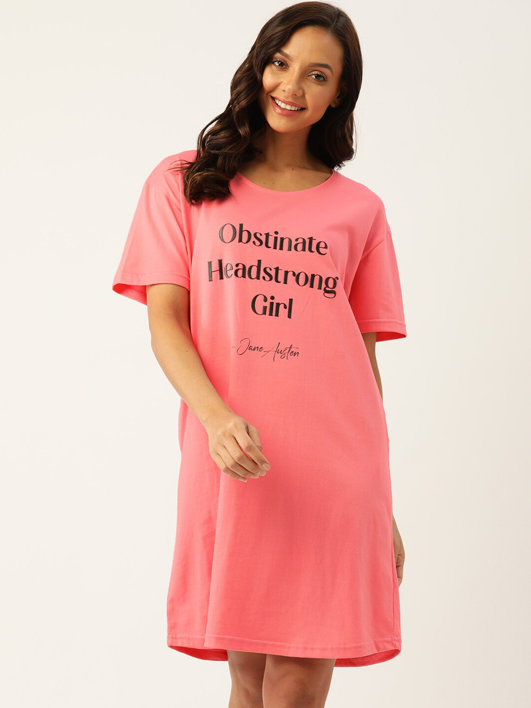 Buy Nite Flite Pink Printed Oversized Pure Cotton Nightdress ...