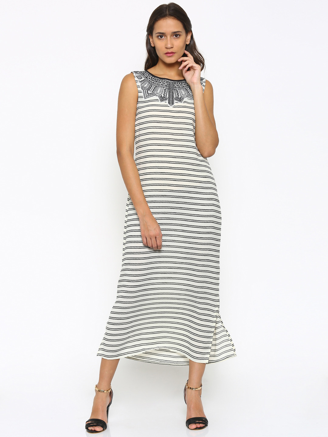 Buy Fusion Beats Women Off White & Black Striped Maxi Dress - Dresses ...