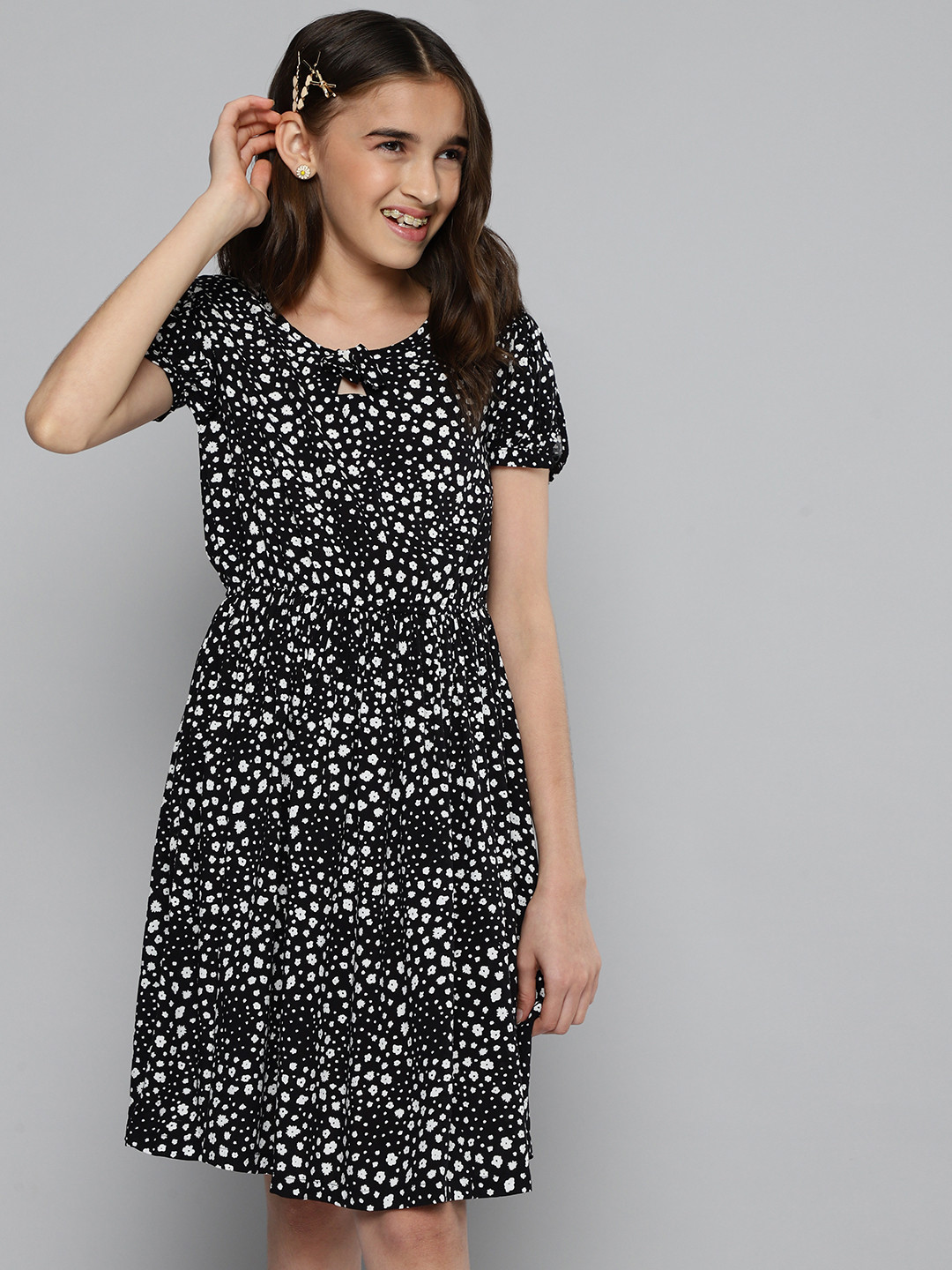 Buy JUSTICE Girls Black Printed Fit & Flare Dress - Dresses for Girls ...