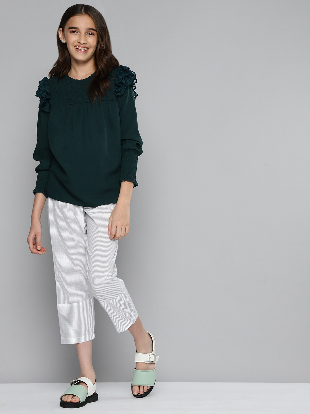 Buy JUSTICE Girls White Self Striped Pure Cotton Trousers - Trousers ...