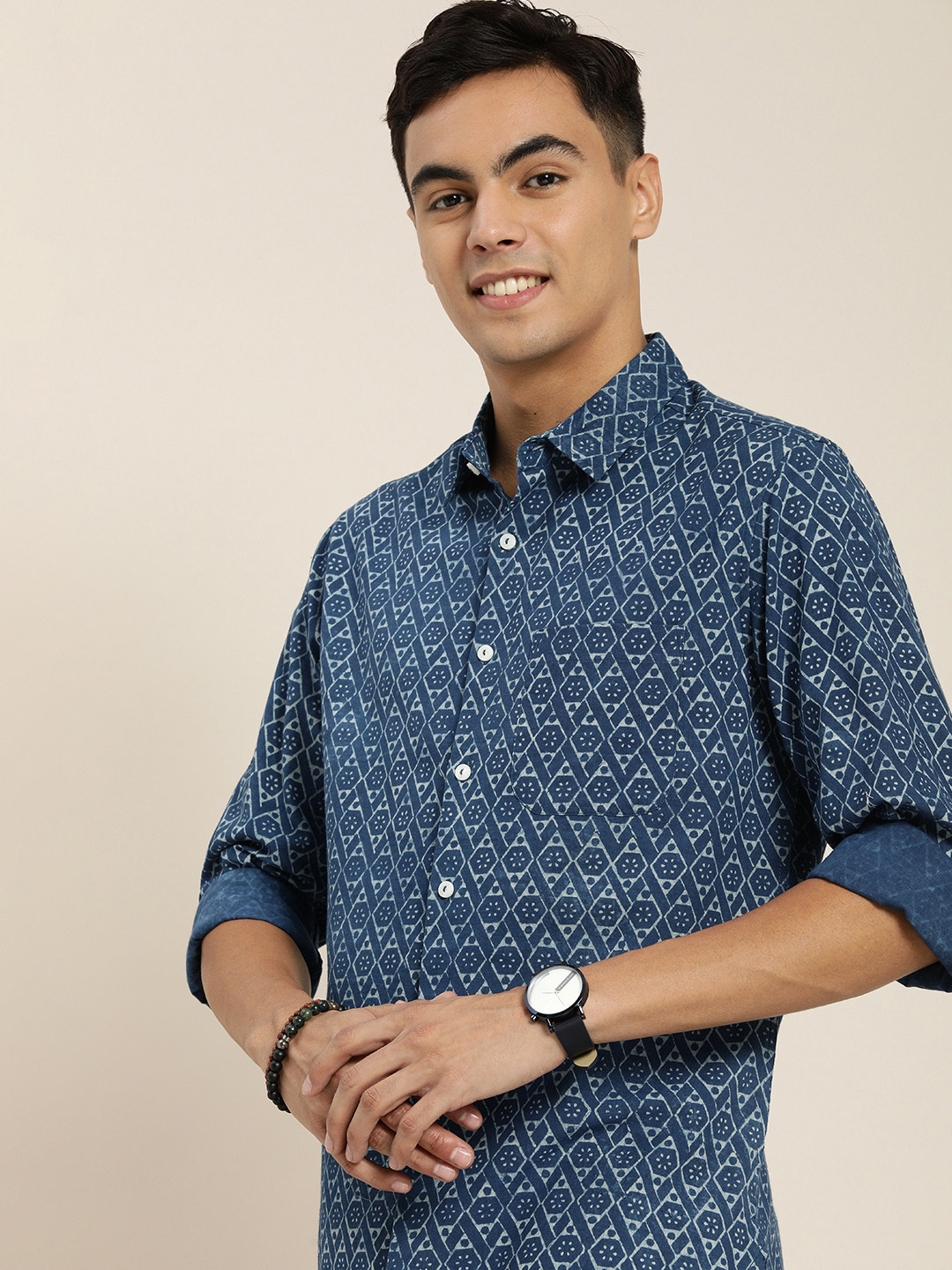 Buy Taavi Men Navy Blue & Grey Indigo Printed Casual Pure Cotton Shirt ...