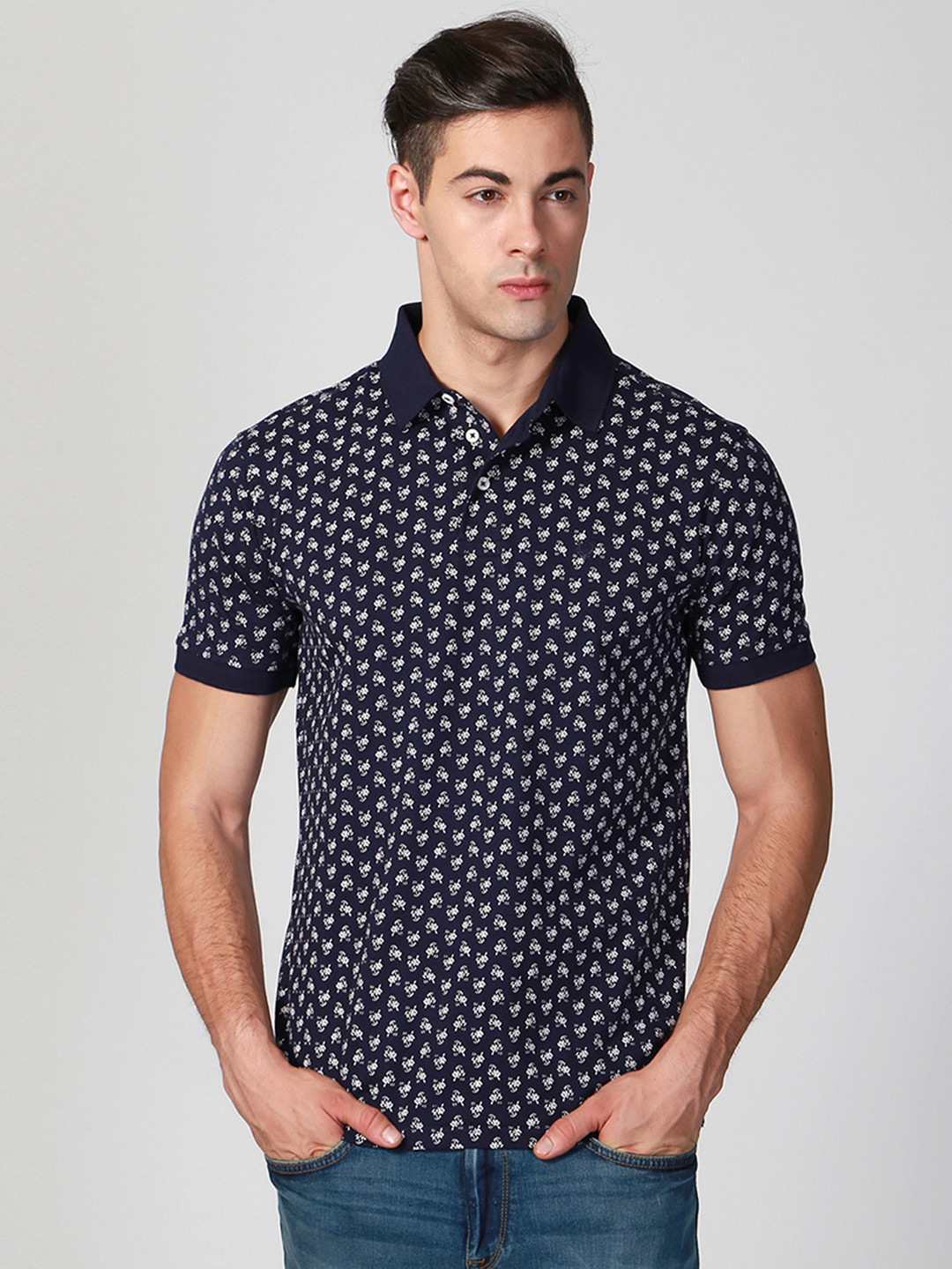 Buy Allen Solly Men Navy Blue Printed Polo T Shirt - Tshirts for Men ...