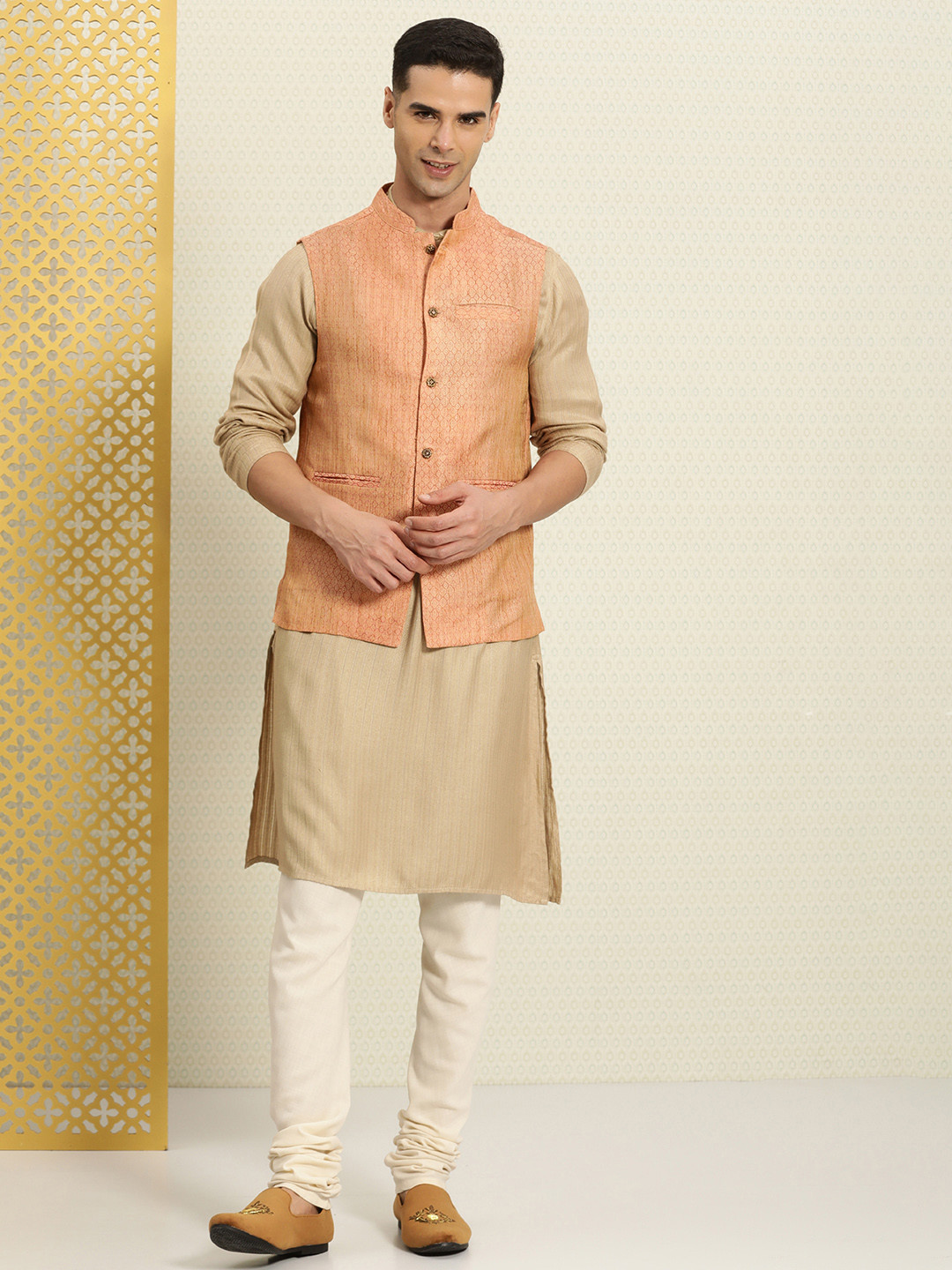 Buy House Of Pataudi Jashn Mandarin Collar Ethnic Motifs Woven Nehru ...
