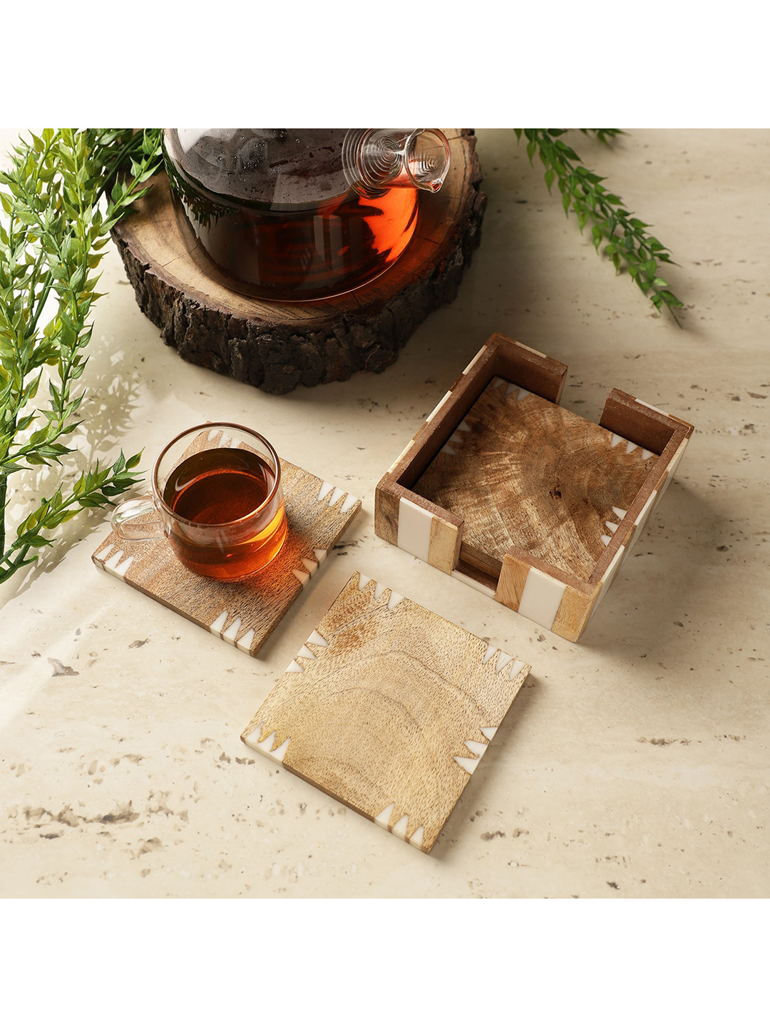 Buy The Decor Mart Set Of 5 White & Beige Inlay Printed Wooden Square ...