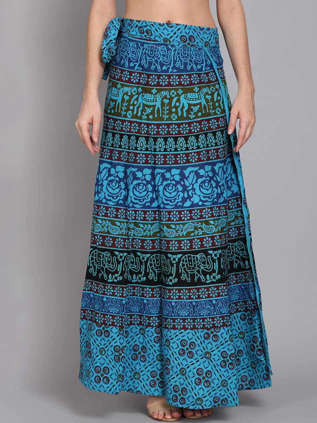 Buy SOUNDARYA Women Turquoise Blue Ethnic Print Wrap Around Maxi Skirt ...