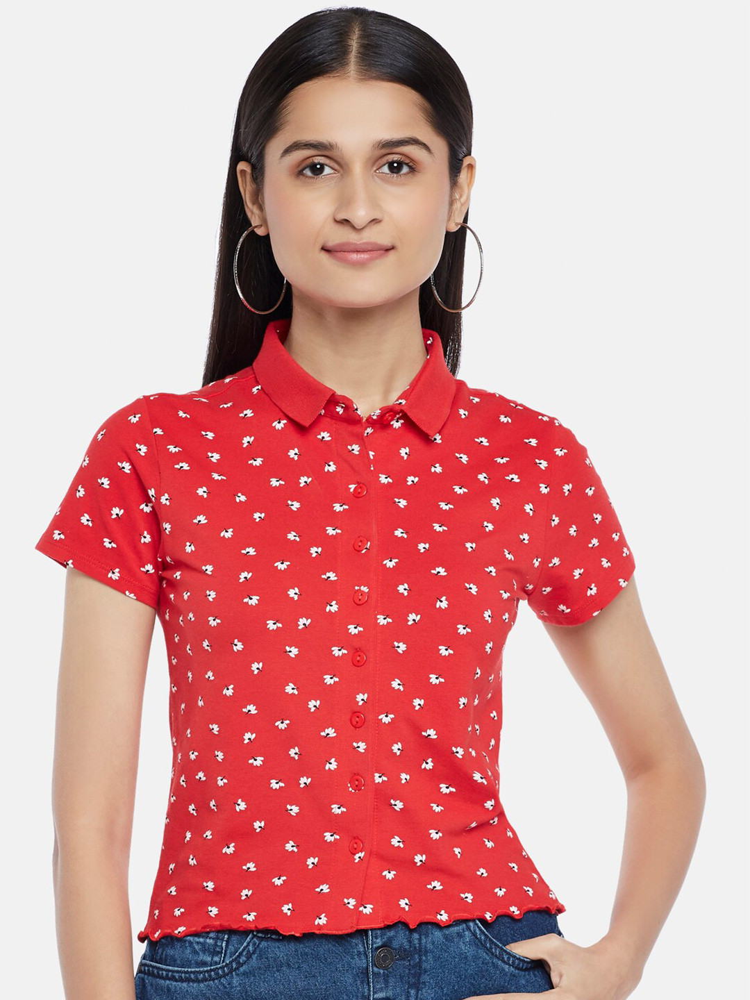 Buy People Red & White Floral Print Cotton Shirt Style Top - Tops for ...