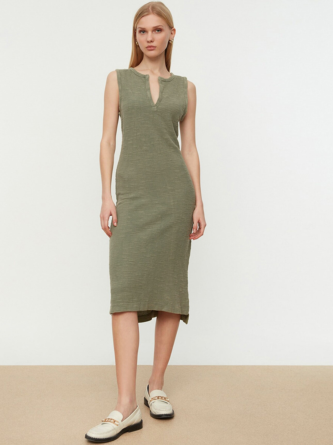Buy Trendyol Women Olive Green Pure Cotton Knitted Sheath Midi Dress ...