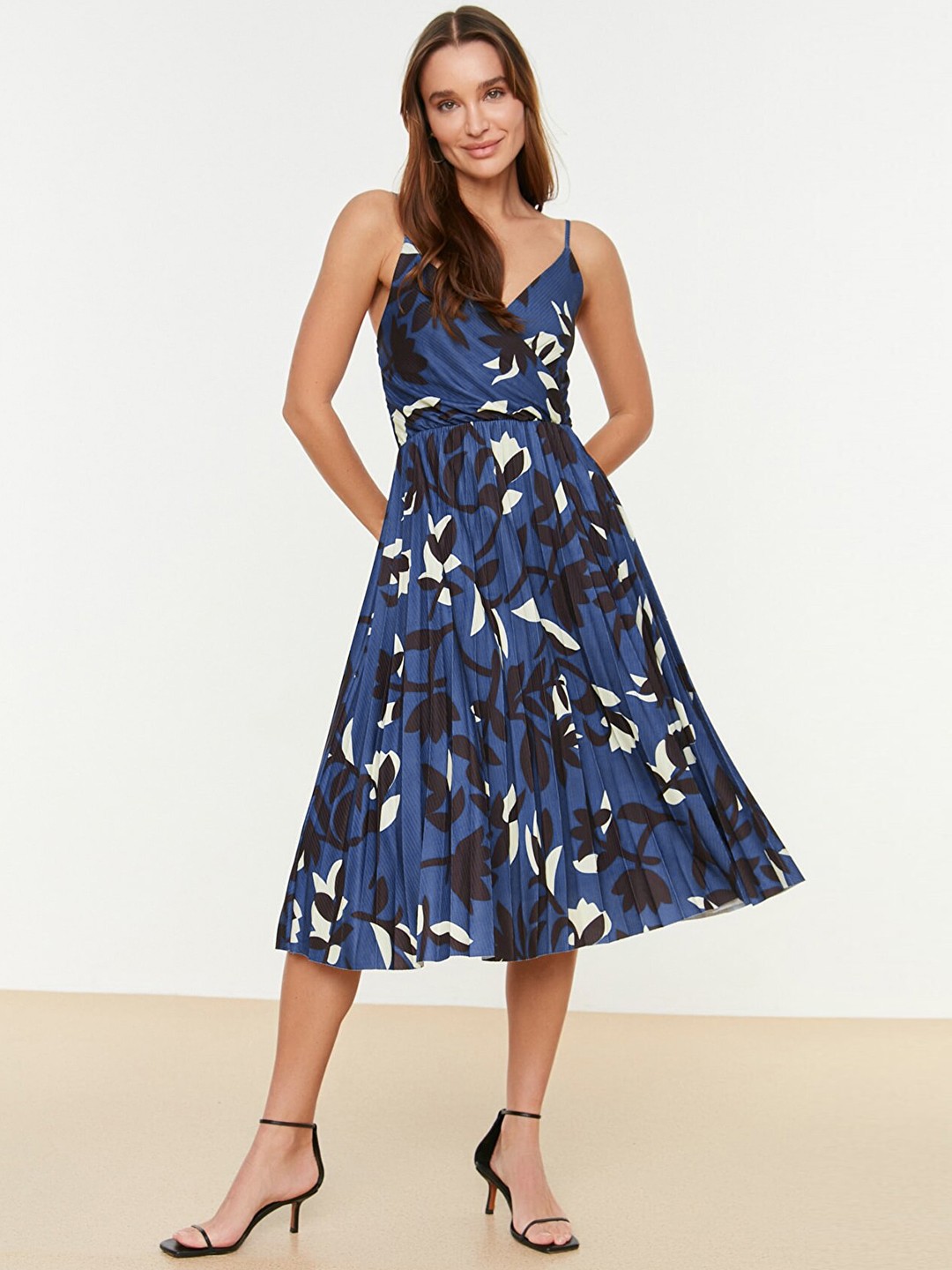 Buy Trendyol Women Blue And Black Floral A Line Midi Dress Dresses For
