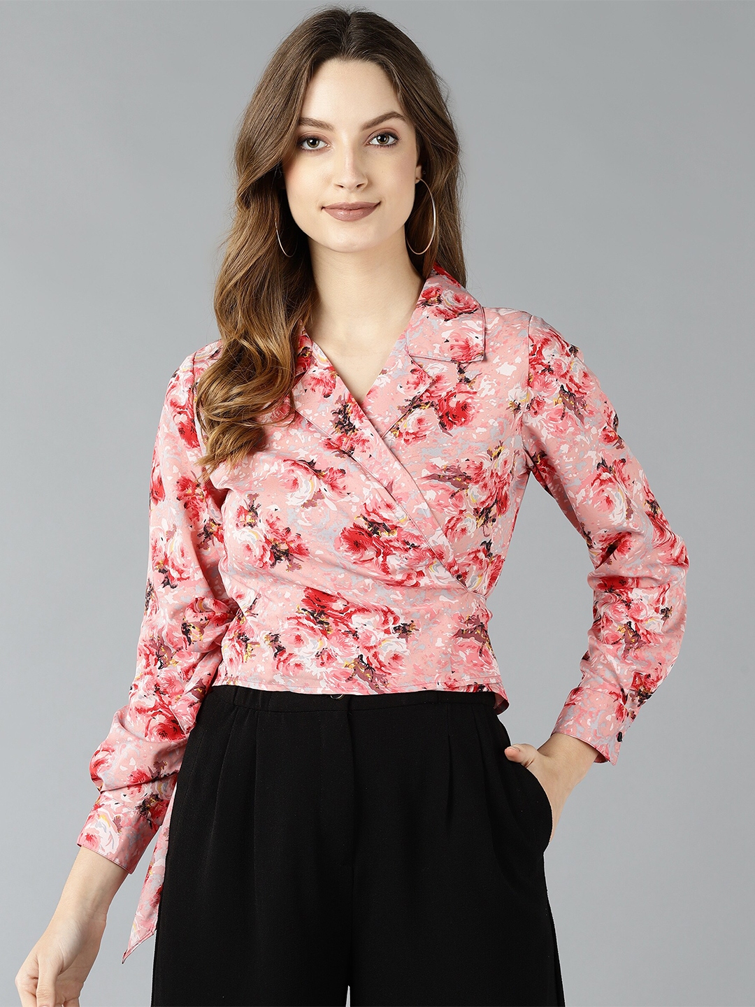 Buy Znx Clothing Pink Floral Print Crepe Wrap Crop Top Tops For Women