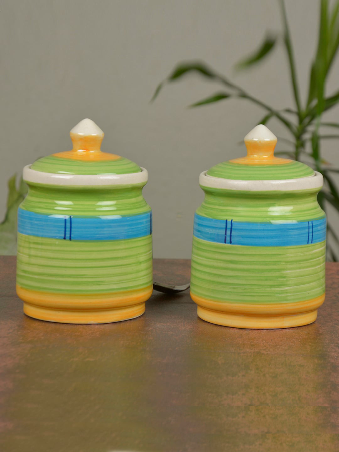 Buy StyleMyWay Set Of 2 Green Ceramic Kitchen Storage Jars With Lid ...