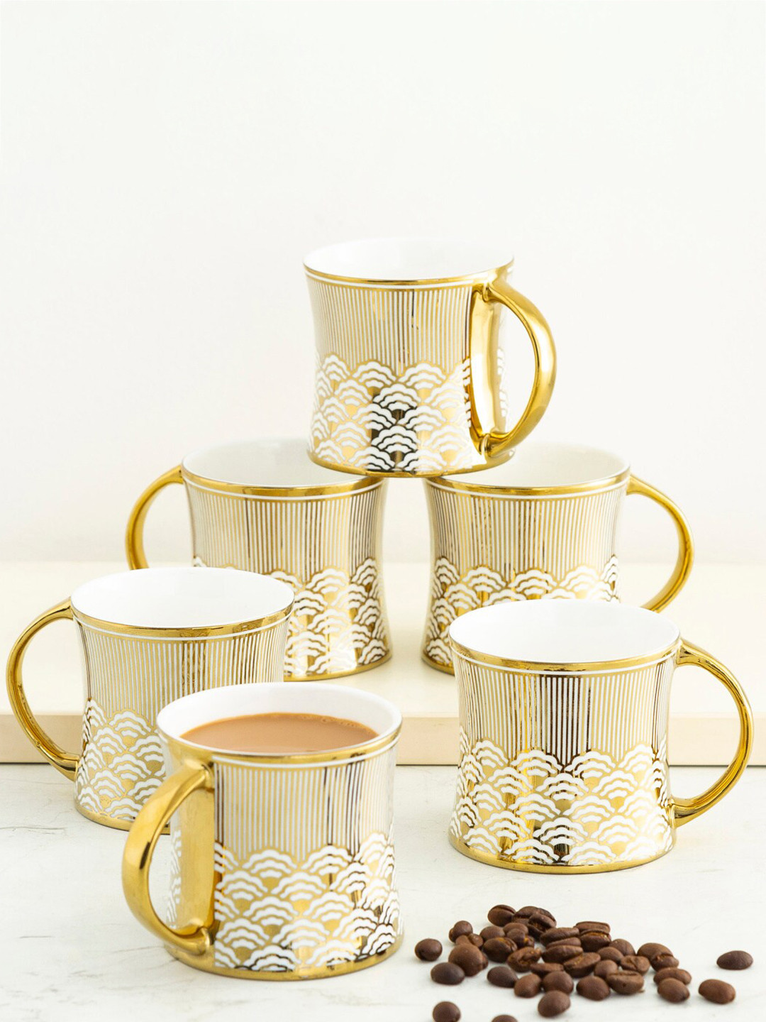Buy Home Centre Set Of 6 White & Gold Toned Printed Bone China Glossy ...