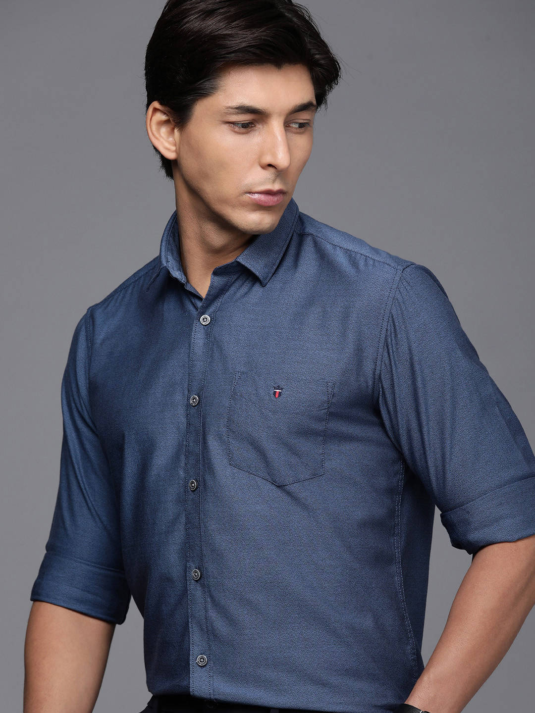 Buy Louis Philippe Sport Men Blue Solid Pure Cotton Slim Fit Casual ...