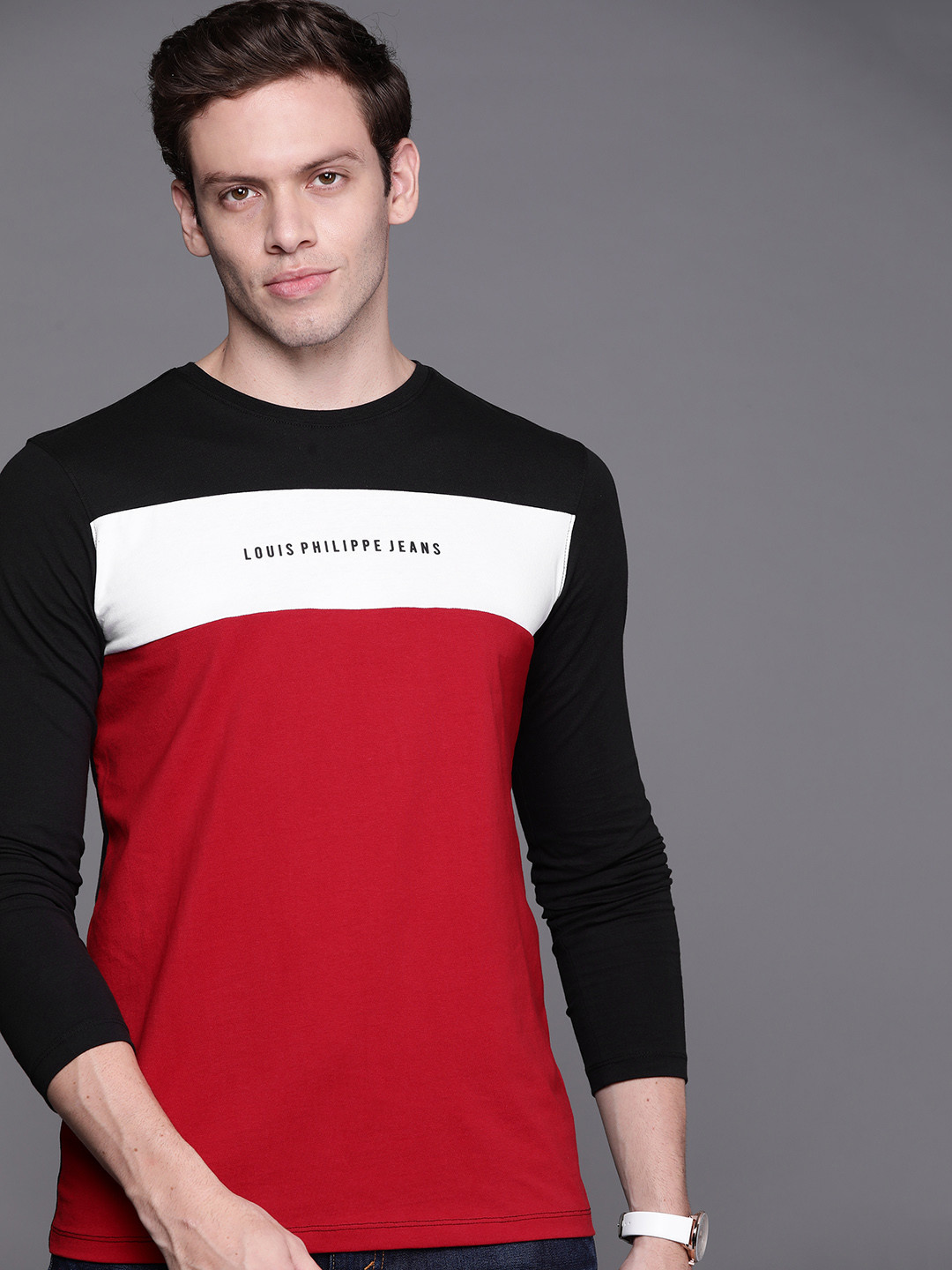 Buy Louis Philippe Jeans Men Red & Black Brand Logo Colourblocked Pure ...