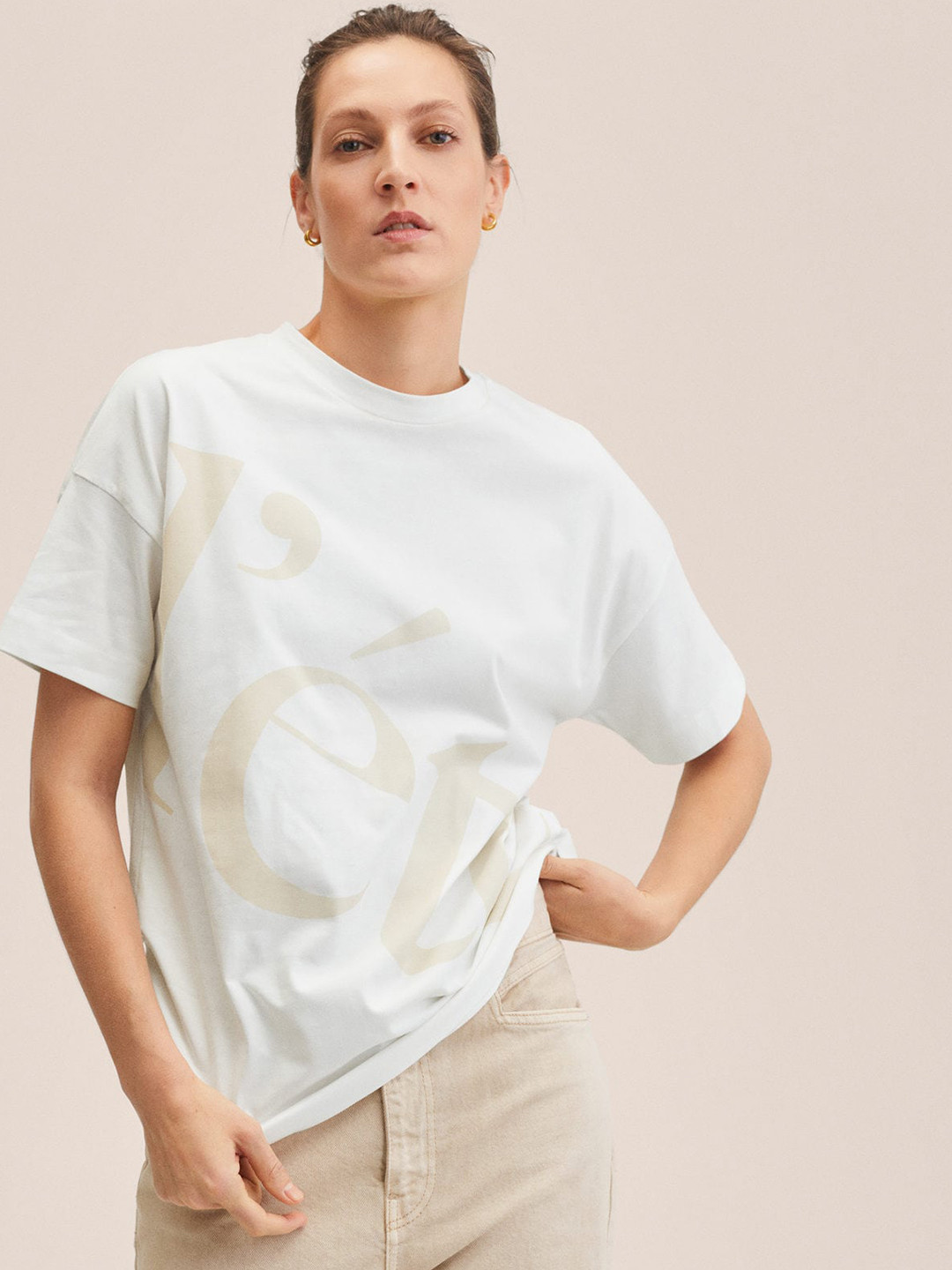 Buy MANGO Women White Pure Cotton Typography Printed Drop Shoulder ...