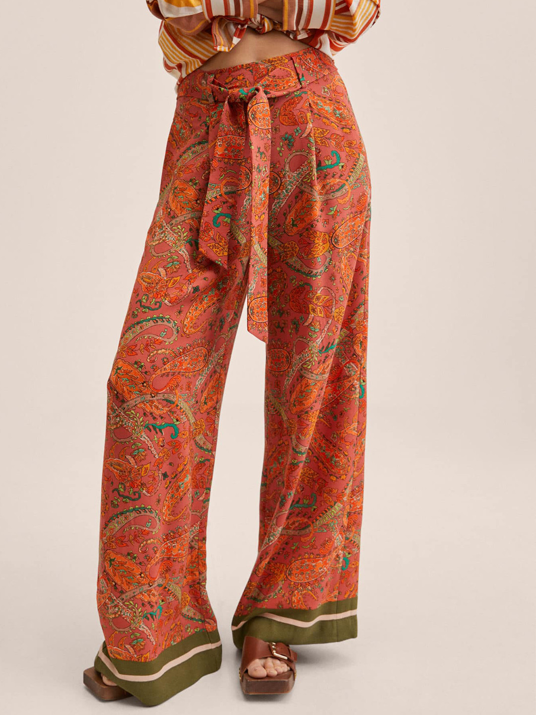 Buy MANGO Women Rust Red & Green Paisley Printed Trousers - Trousers ...